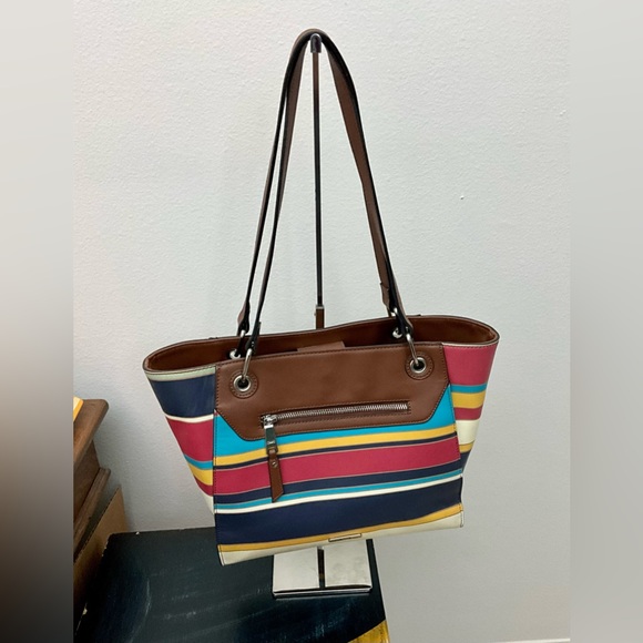 Chaps | Bags | Chaps Brown Large Tote Purse W Colorful Stripes Nwot5 X ...